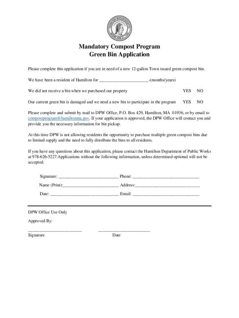Fillable Online Mandatory Compost Program Green Bin Application Fax ...