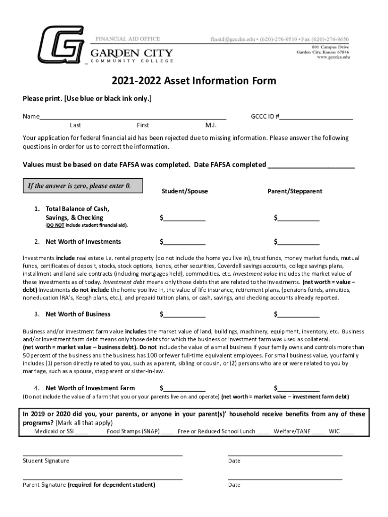 Fillable Online 2021-2022 Asset Information Form Fax Email Print ...