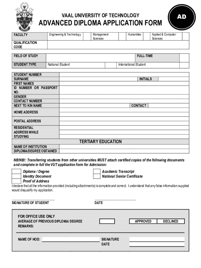 Fillable Online Vaal University of Technology Online Application: Home ...