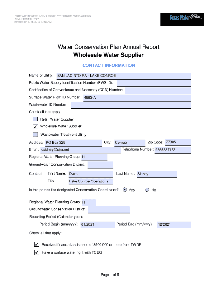 Fillable Online Water Conservation Plan Annual Report Wholesale Water ...