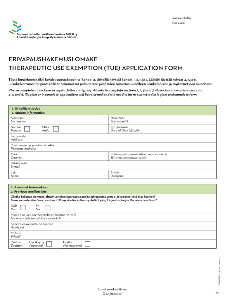 Fillable Online Erivapaushakemuslomake Therapeutic Use Exemption (TUE ...