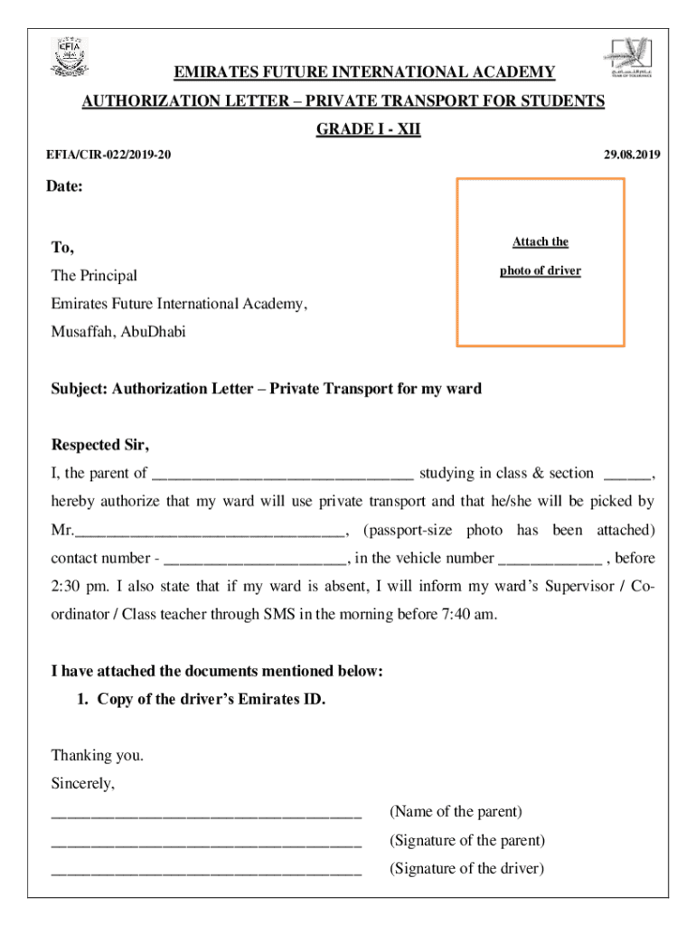 Fillable Online Authorization LetterPrivate Transport for students ...
