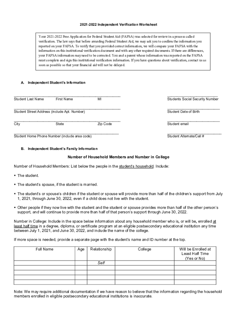 Fillable Online 2021-2022 Verification Worksheet Independent Student Track 5 Fax Email Print ...