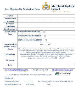 Fillable Online Gym Membership Application Form - Merchant Taylors ...