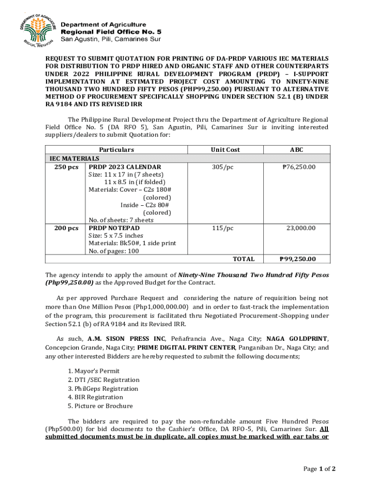 Fillable Online bicol da gov request to submit quotation for printing ...