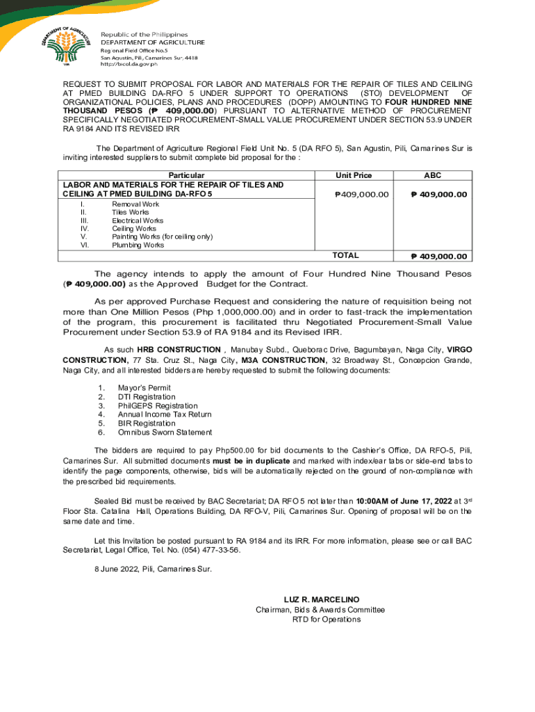 Fillable Online bicol da gov REQUEST FOR QUOTATION (RFQ) (Works) Fax Email Print - pdfFiller