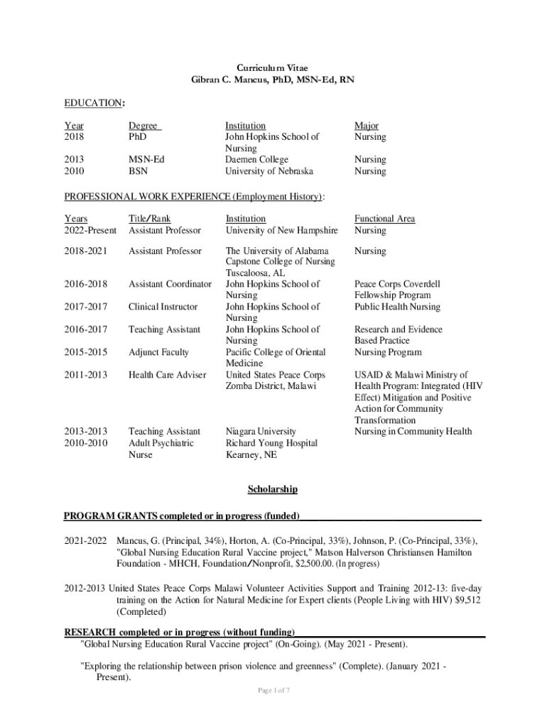 Fillable Online curriculum vitae - Johns Hopkins School of Nursing Fax Email Print - pdfFiller