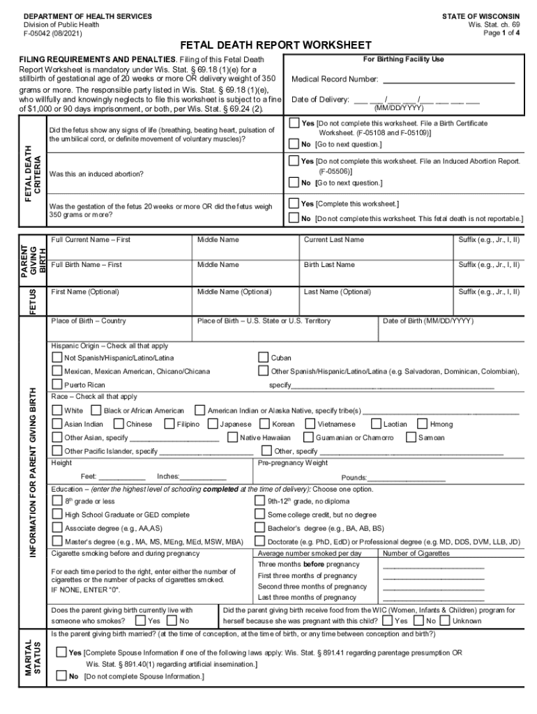 Fillable Online dhs wisconsin Parent worksheet for Oregon fetal death ...