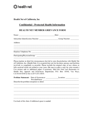 Fillable Online HEALTH NET MEMBER GRIEVANCE FORM. 2279-Member Grievance ...