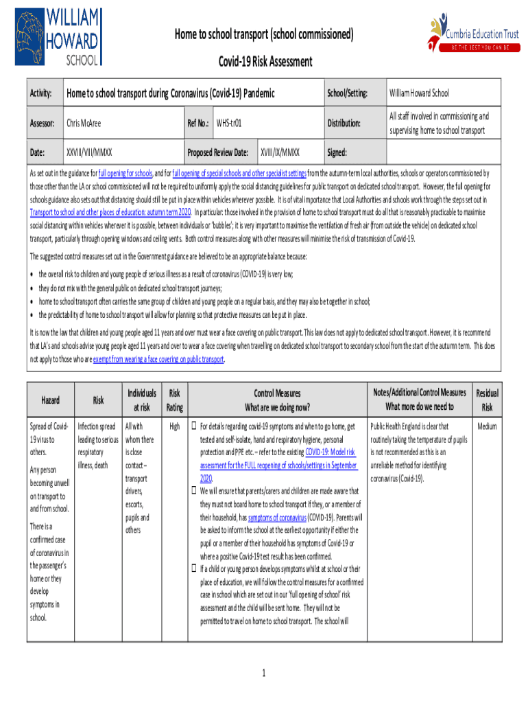 Fillable Online Risk Assessment Template. COVID generic risk assessment ...