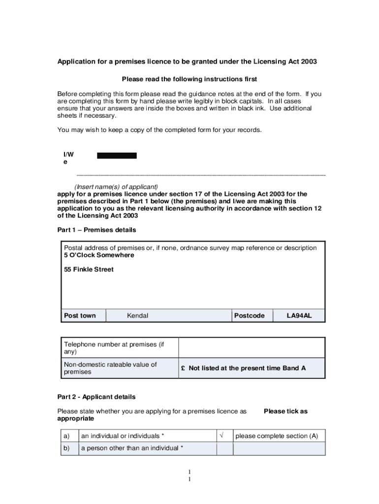 Fillable Online pl a 035923 application for a grant of premises licence ...