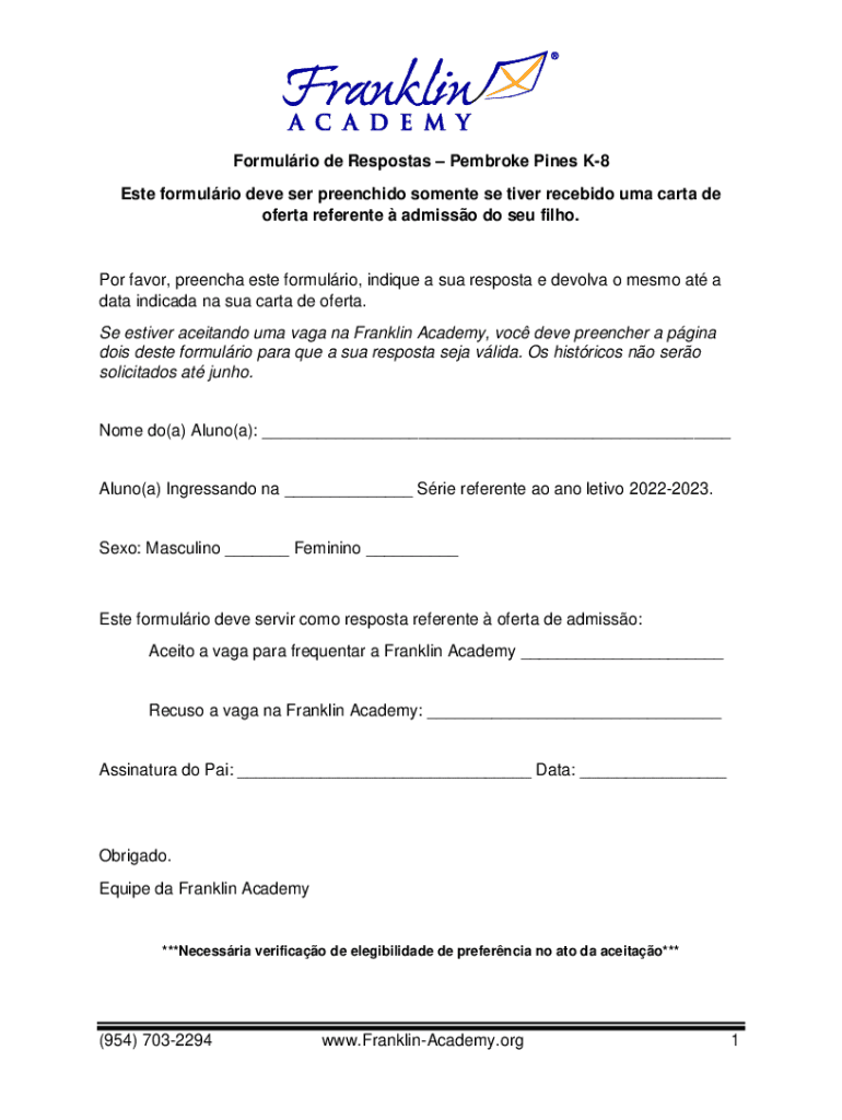 Fillable Online Formulrio de Respostas Pembroke Pines K-8 Fax Email Print - pdfFiller