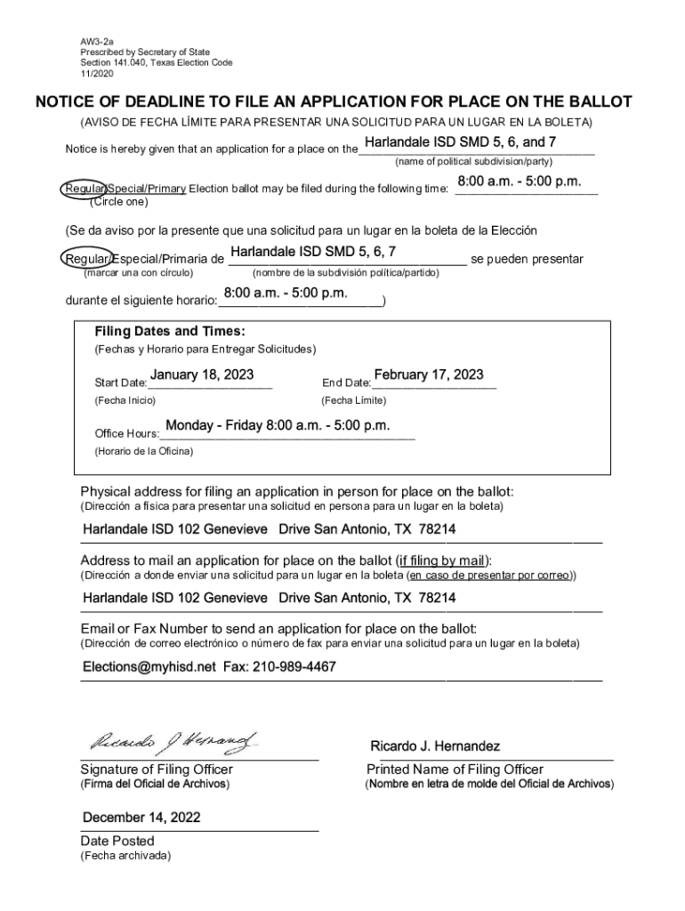 Fillable Online Notice of Deadline to FIle an Application For Plalce on ...