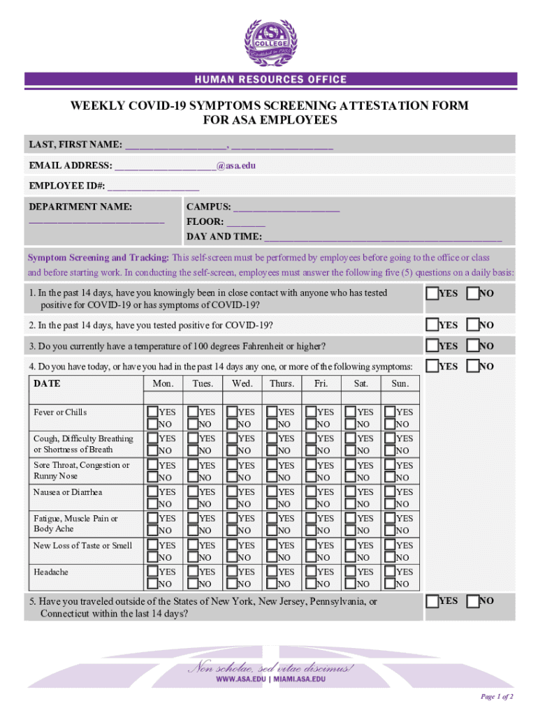 Fillable Online Weekly-COVID-19-Symptoms-Screening-Attestation-Form-For ...