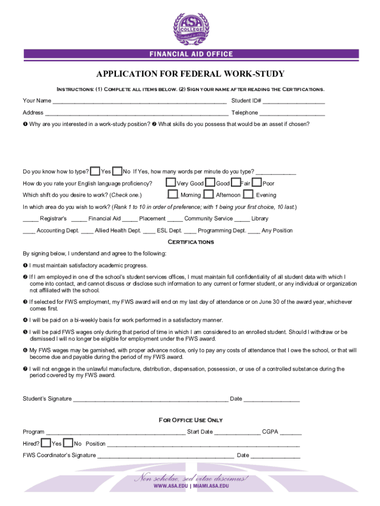 Fillable Online APPLICATION FOR FEDERAL WORK-STUDY Fax Email Print ...