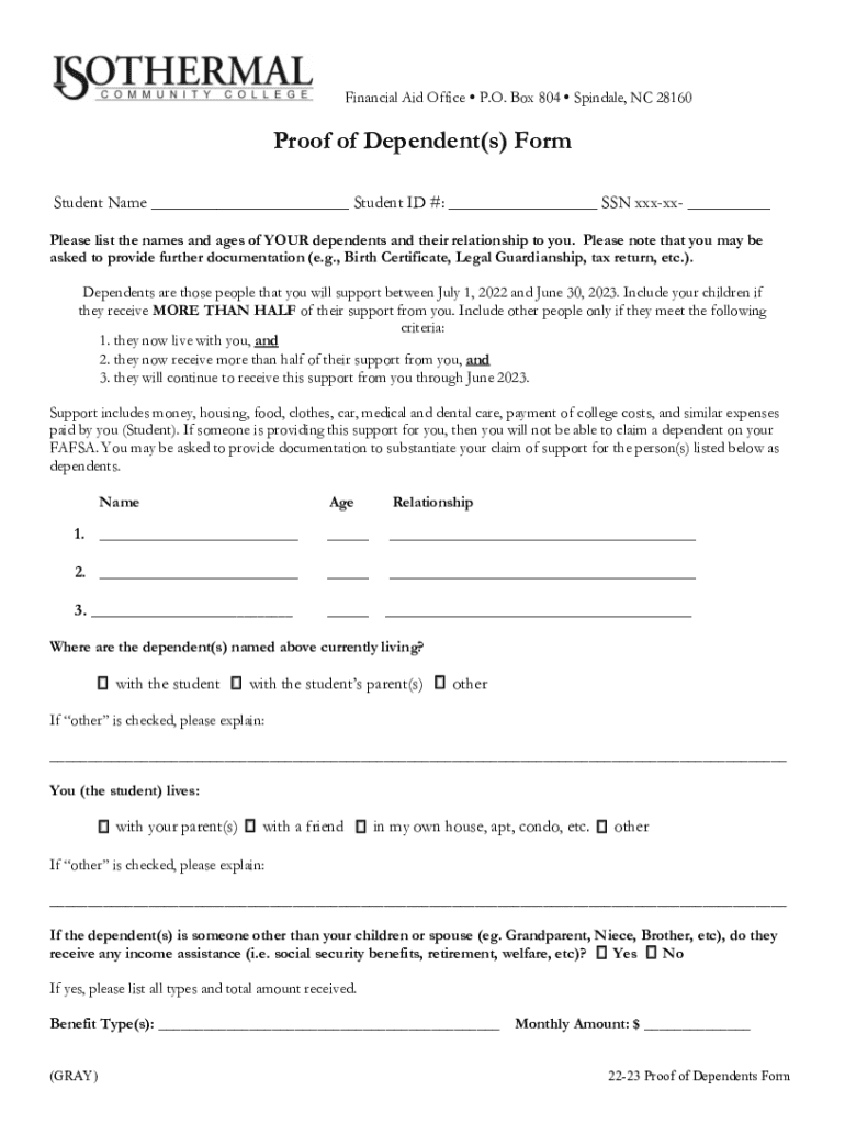 Fillable Online Proof of Dependent(s) Form - Isothermal Community ...