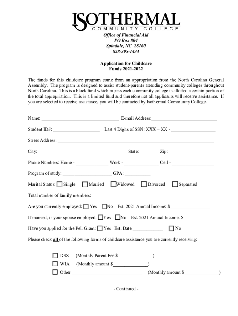 Fillable Online 21-22 Childcare Application - Isothermal Community College Fax Email Print ...