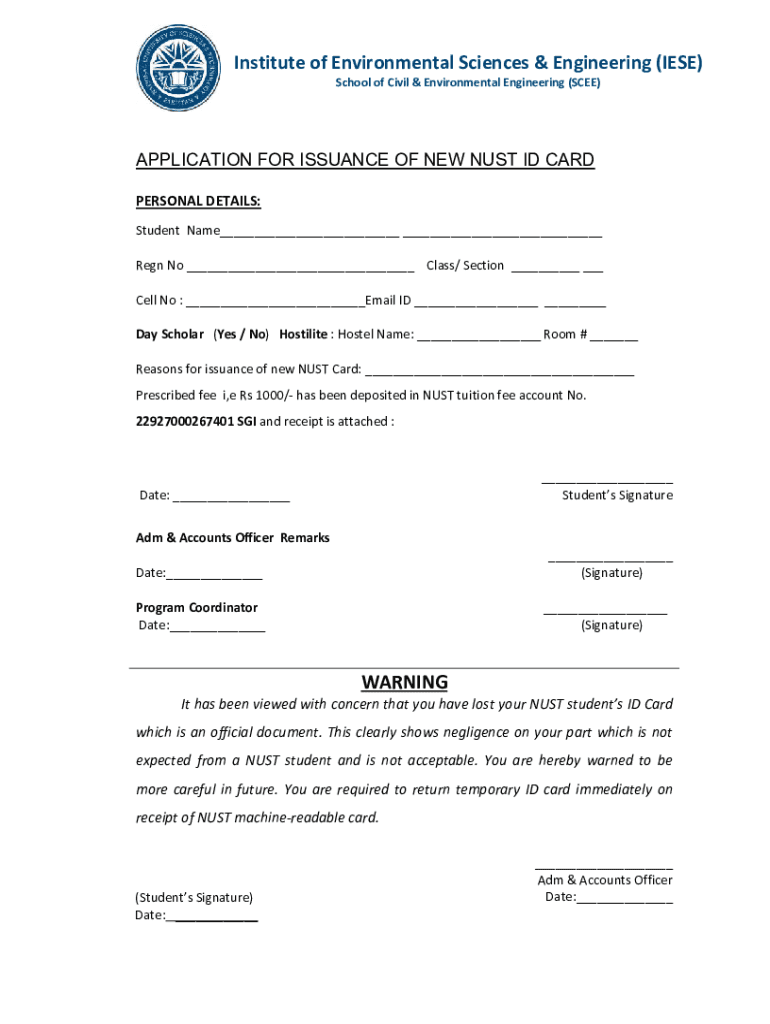 Fillable Online Application for issuance of new NUST ID card Fax Email ...