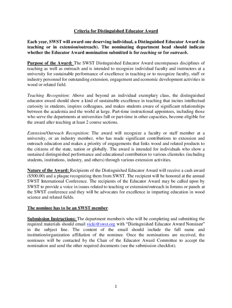 Fillable Online Criteria for Distinguished Educator Award Each year ...