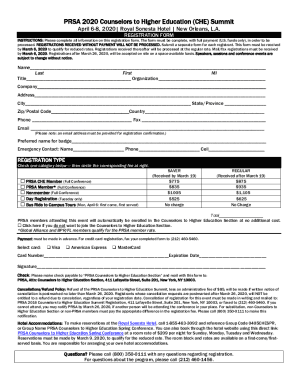 Fillable Online PRSA 2020 Counselors to Higher Education (CHE) Summit ...