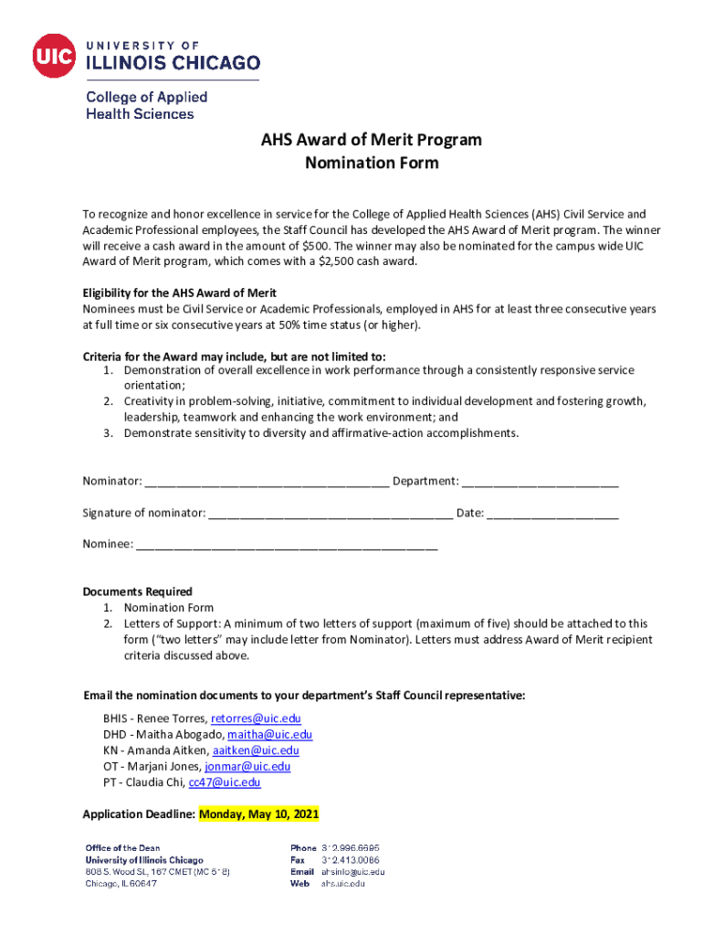 Fillable Online AHS Award of Merit Program Nomination Form Fax Email ...