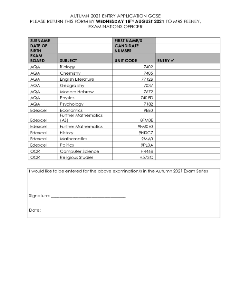Fillable Online CANDIDATE ENTRY FORM - Autumn 2021 - Ripley St Thomas ...