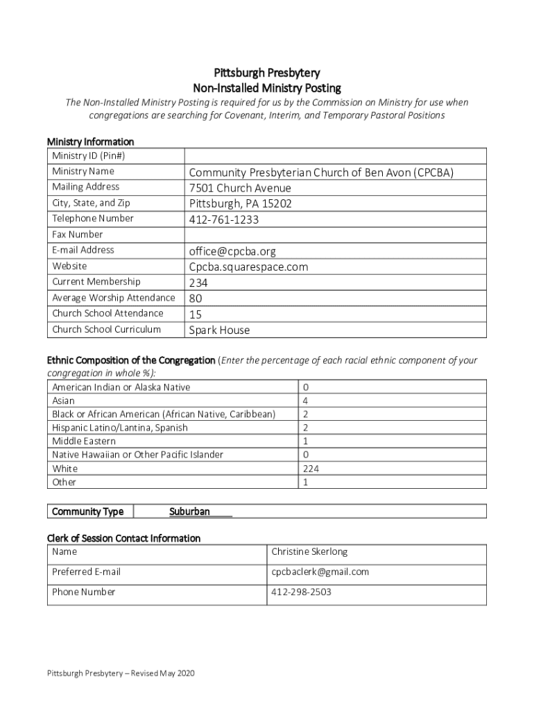 Fillable Online Pittsburgh Presbytery Non-Installed Ministry Posting ...