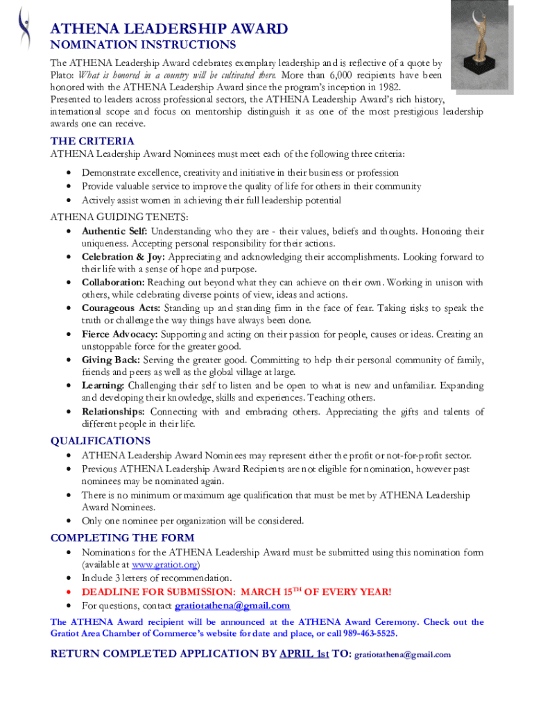Fillable Online Fillable Online ATHENA Leadership Award Nomination ...