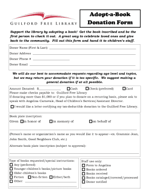 Fillable Online Adopt-a-Book Donation Form - Guilford Free Library Fax ...