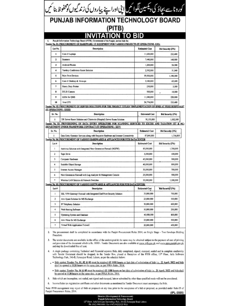 Fillable Online pitb gov Tender Document PROCUREMENT OF HARDWARE (I.T ...