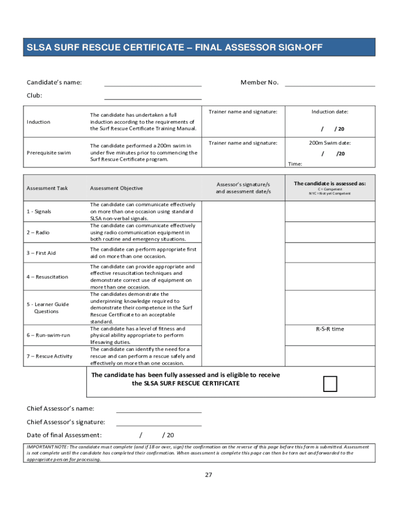 Fillable Online Surf Rescue Certificate - Trigg Island Surf Life Saving ...
