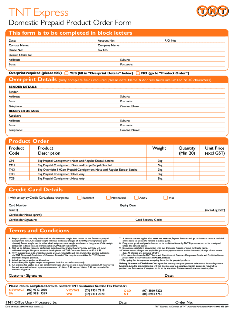 Fillable Online Domestic Prepaid Order Form - TNT - Fill and Sign ...