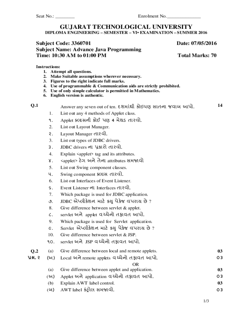 Fillable Online DIPLOMA ENGINEERING SEMESTER VI EXAMINATION SUMMER 2016 Fax Email Print - pdfFiller