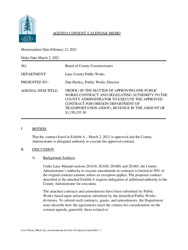 Fillable Online AGENDA COVER MEMO Memorandum Date: Order ... - Lane ...
