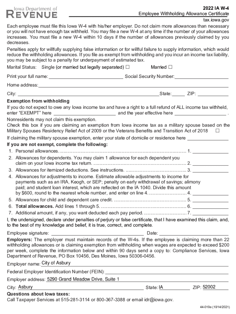 Fillable Online Iowa W4 withholding tax certificate - Vanderbilt HR Fax ...