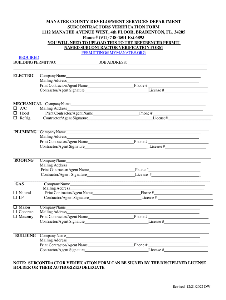 Fillable Online Manatee County Subcontractor Form - Fill Online ...