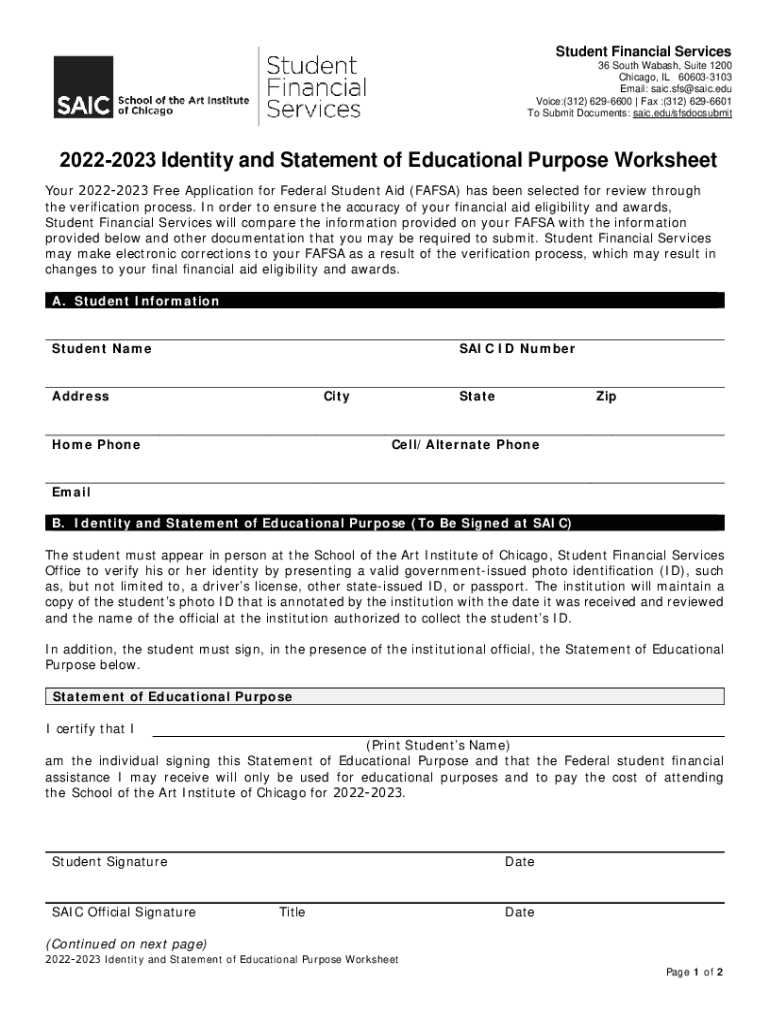 Fillable Online 2022-2023 Identity and Statement of Educational Purpose Worksheet Fax Email ...