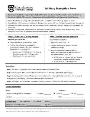 Fillable Online Military Exemption FormChattahoochee Technical College ...