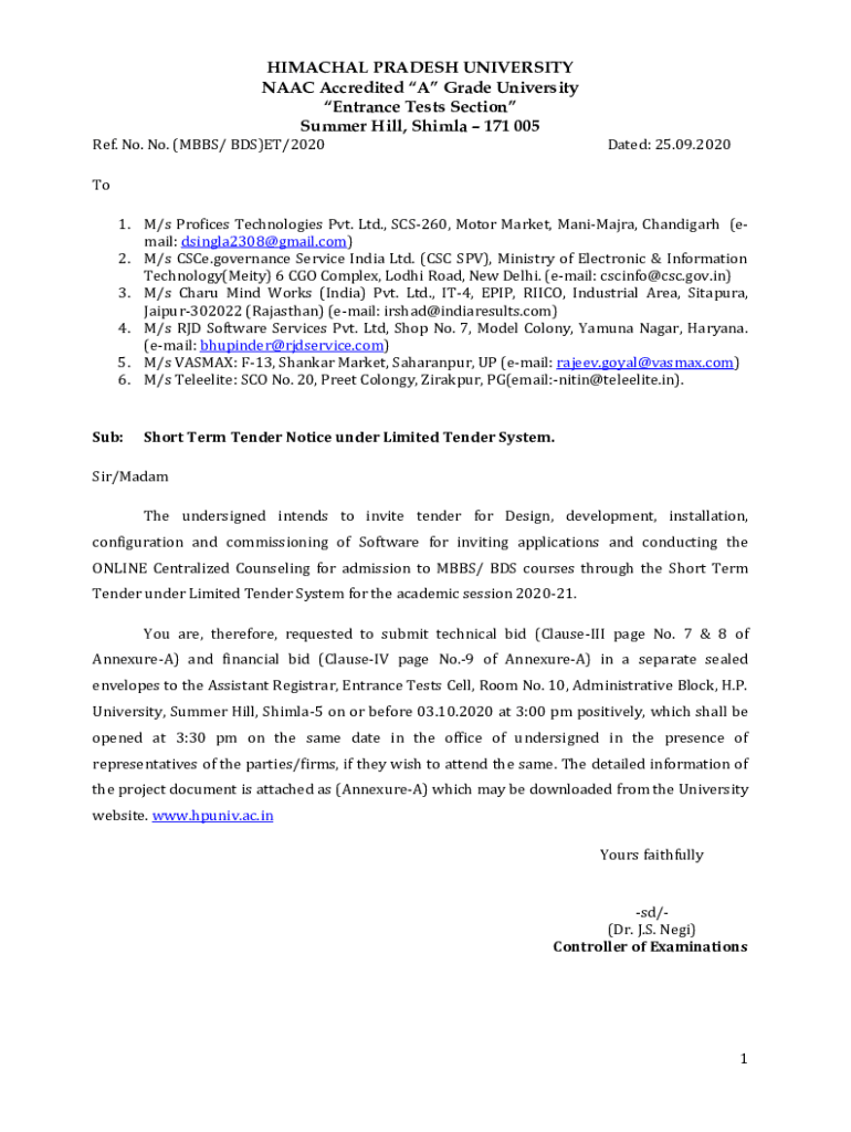 Fillable Online HIMACHAL PRADESH UNIVERSITY NAAC Accredited A ... Fax Email Print - pdfFiller
