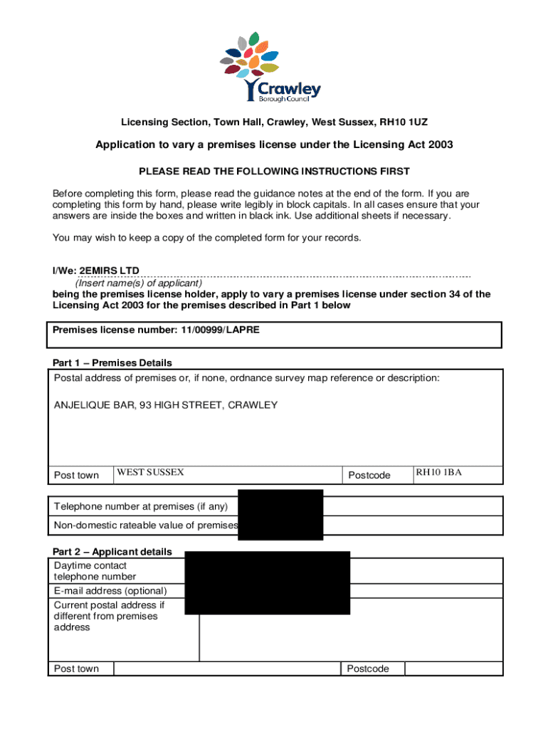 Fillable Online Application to vary a premises license under the Licensing Act ... Fax Email ...