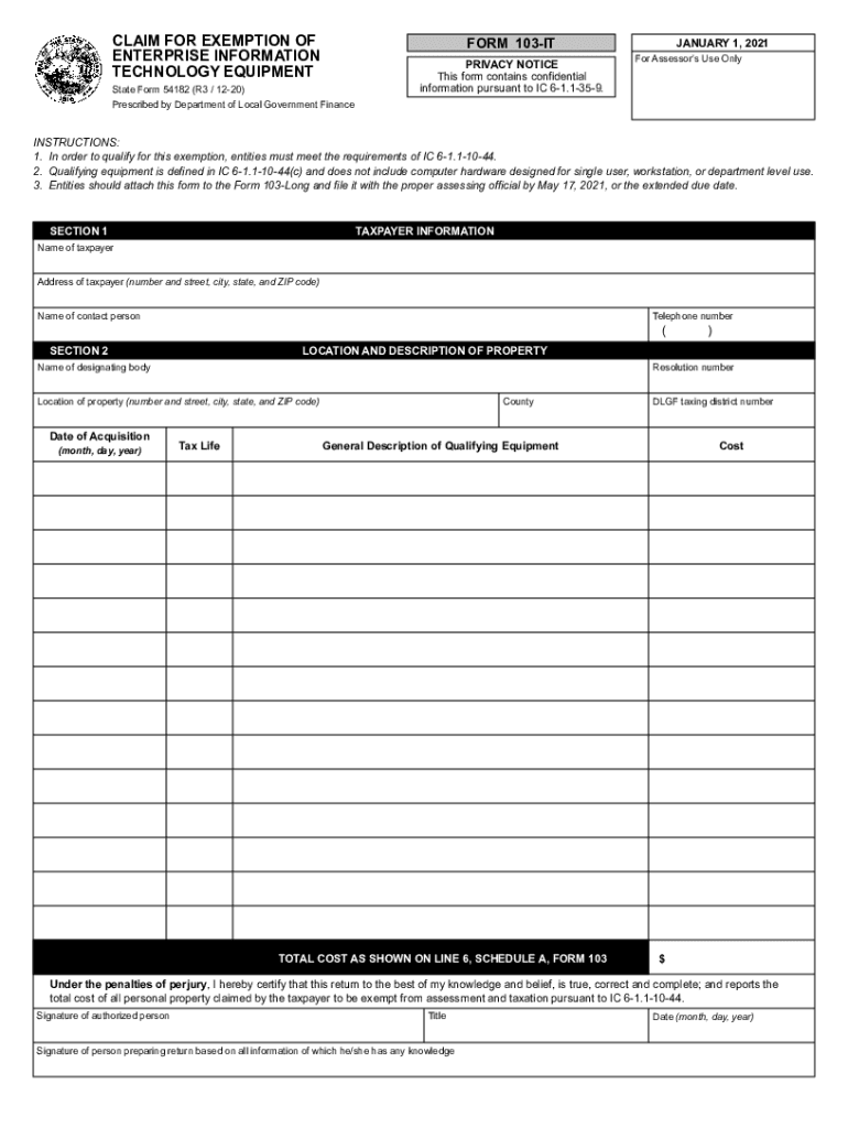Fillable Online Form 103-IT (State Form 54182) Claim for Exemption of ...