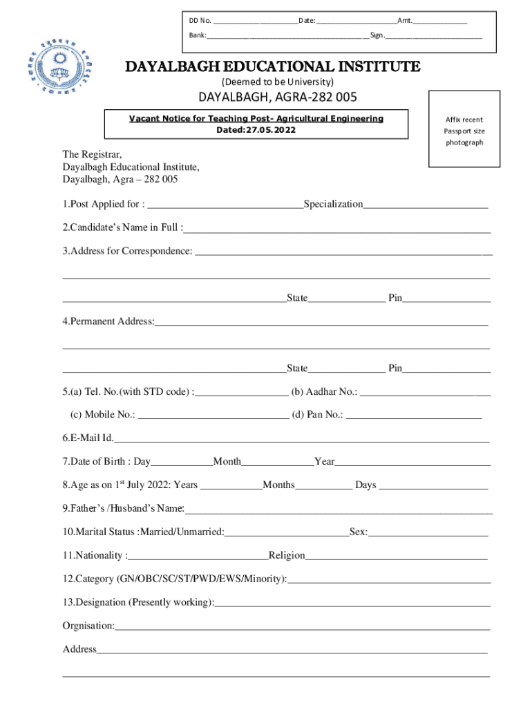 Fillable Online (Deemed to be University) - DAYALBAGH, AGRA-282 005 Fax ...