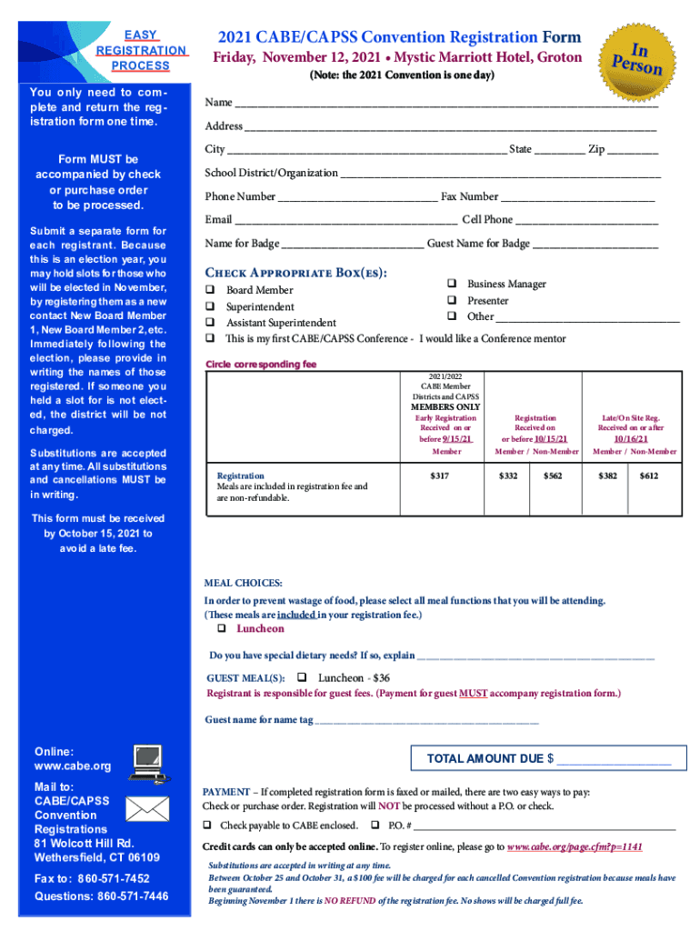 Fillable Online 2021 CABE/CAPSS Convention Registration Form Fax Email ...