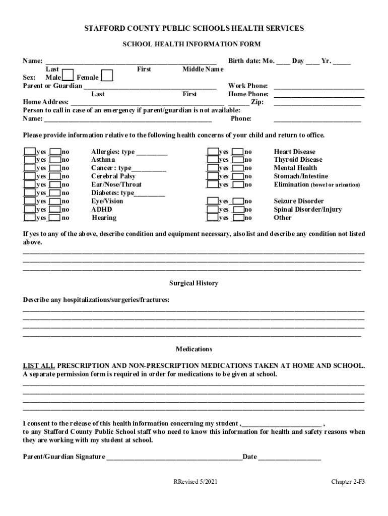 Fillable Online Stafford County Public Schools Health Information Form ...