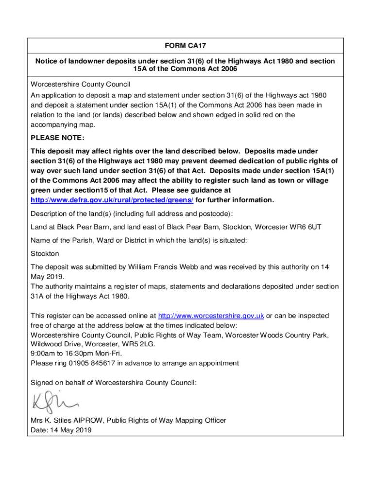 Fillable Online FORM CA17 Notice of landowner deposits under Section 31 ...