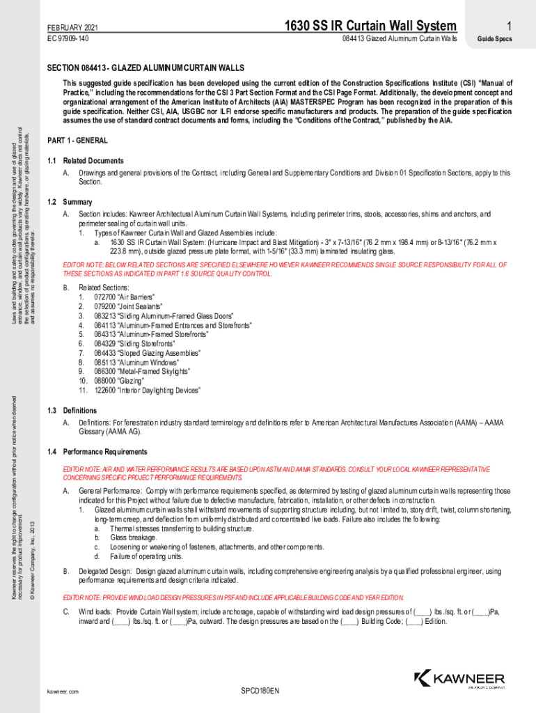 Fillable Online 1600 Wall System1 Curtain Wall Guide Specifications ...