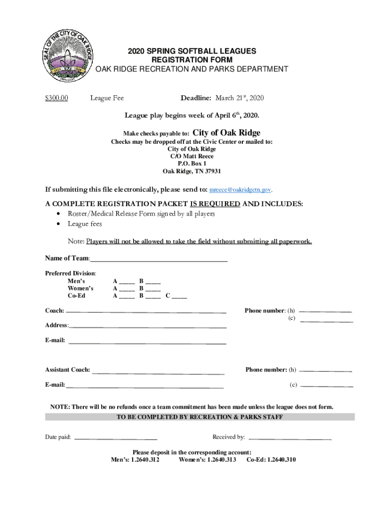 Fillable Online orrecparks oakridgetn 2020 Spring Softball LEAGUES REGISTRATION FORM Fax Email ...