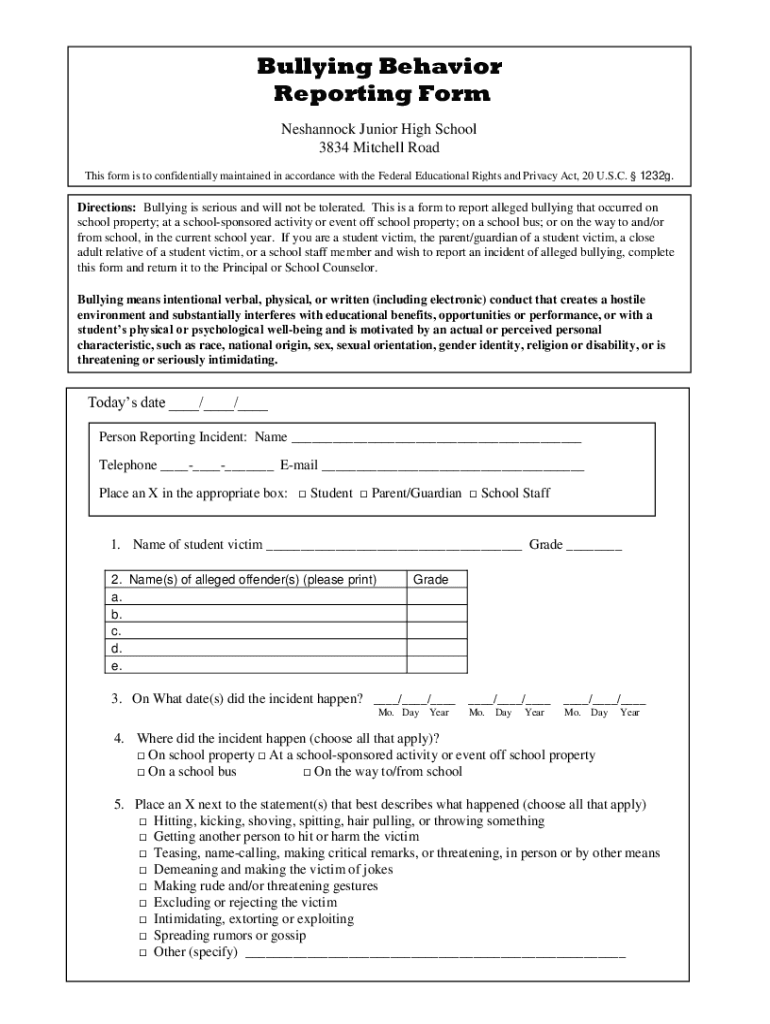 Fillable Online Bullying Behavior Reporting Form Fax Email Print ...