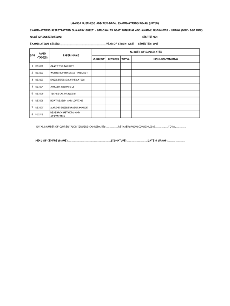 Fillable Online ubteb go EXAMINATIONS REGISTRATION SUMMARY SHEET ...