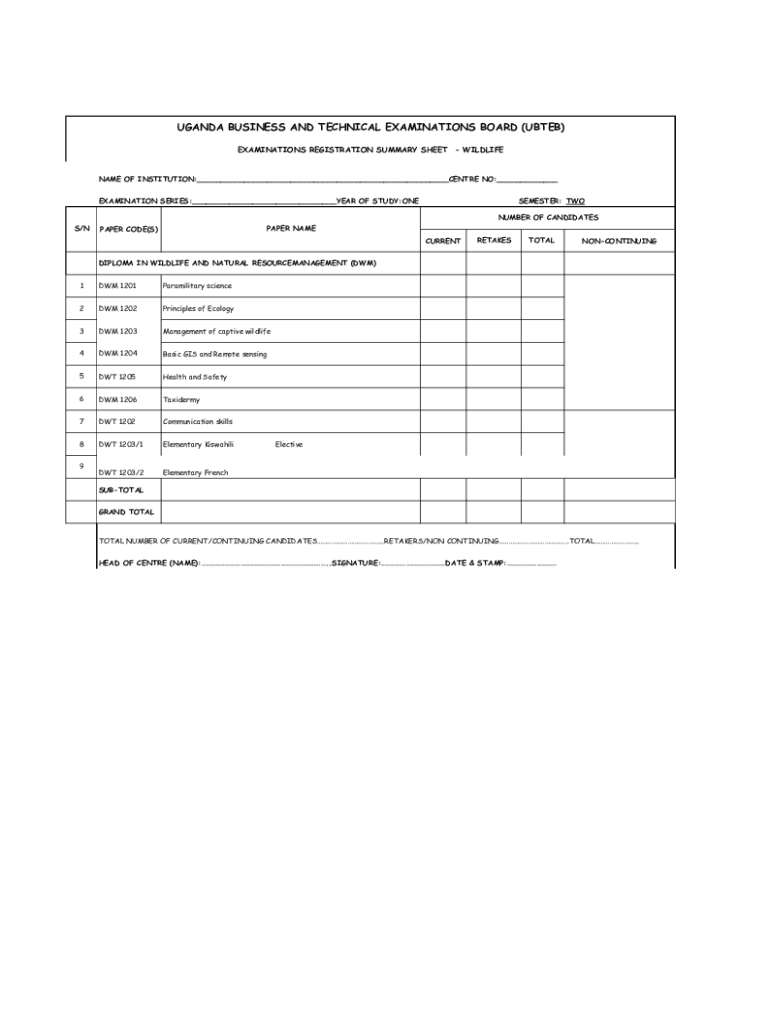 Fillable Online ubteb go EXAMINATIONS REGISTRATION SUMMARY SHEET - WILDLIFE Fax Email Print ...